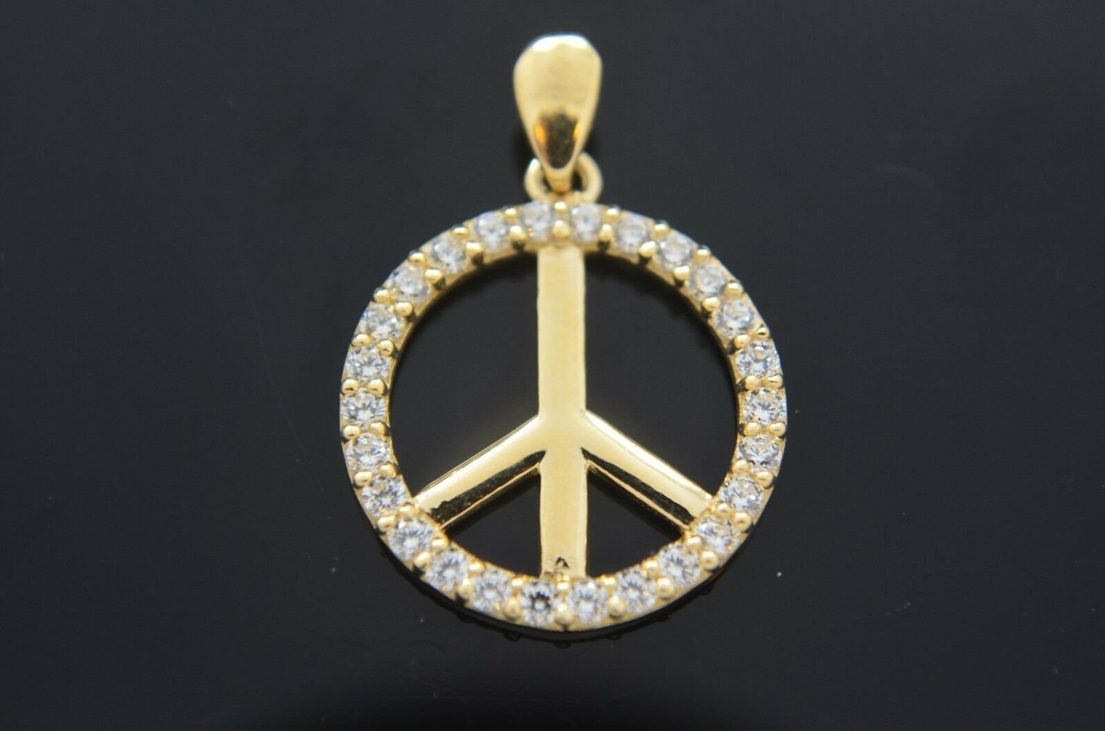 14k Yellow Gold Peace Sign Pendant Zirconia Stone Charm Necklace Love ...