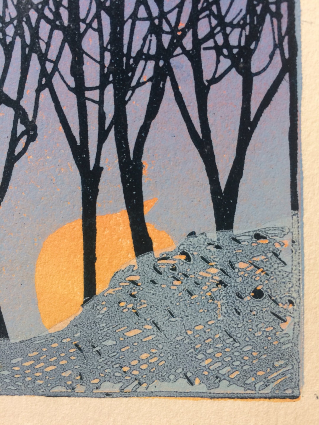 Sunrise in Birch Forest - Linocut Print / Vintage Christmas Card - Etsy