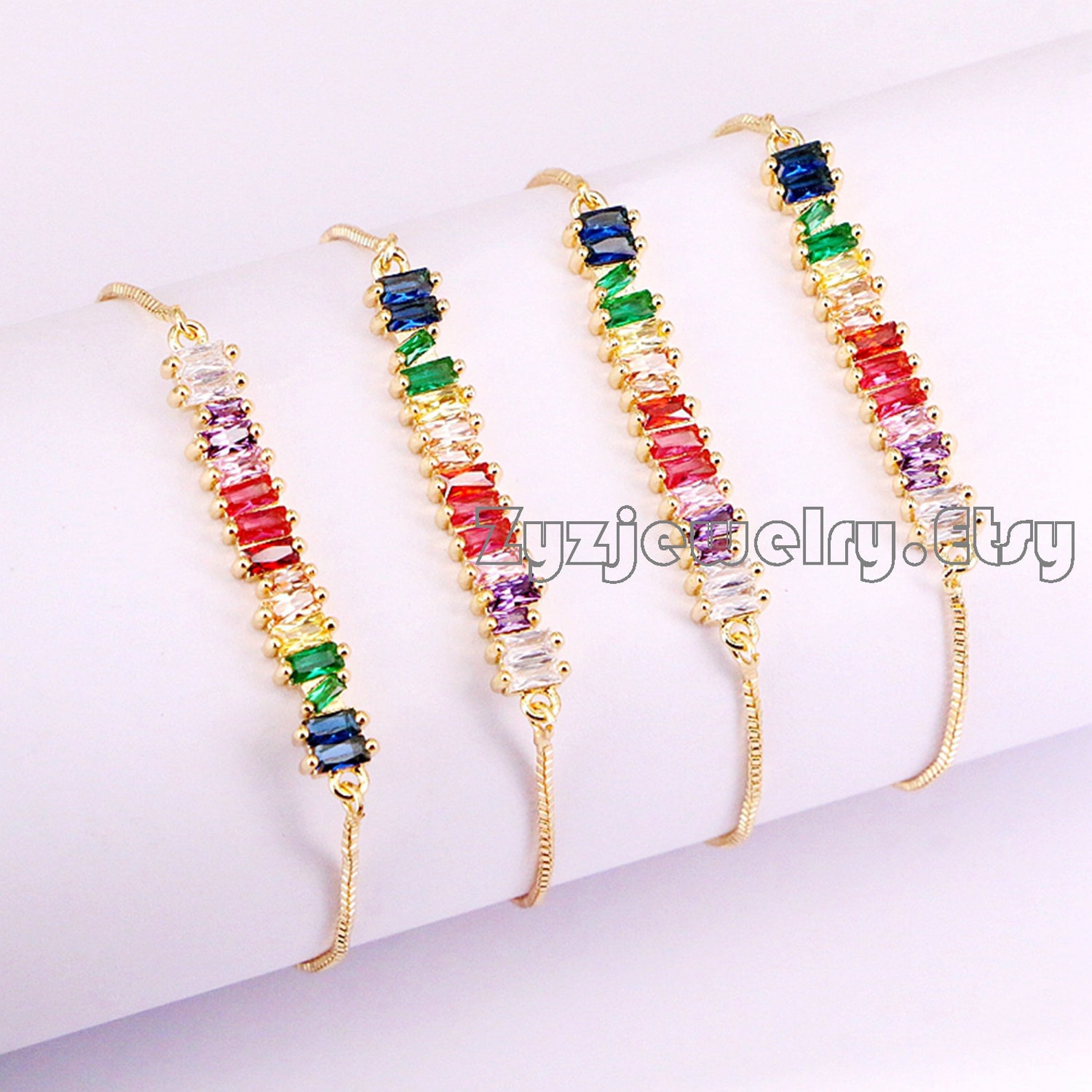 Rainbow Bar CZ Stones Bracelets, Gold Color Crystal Zirconia Rectangle ...