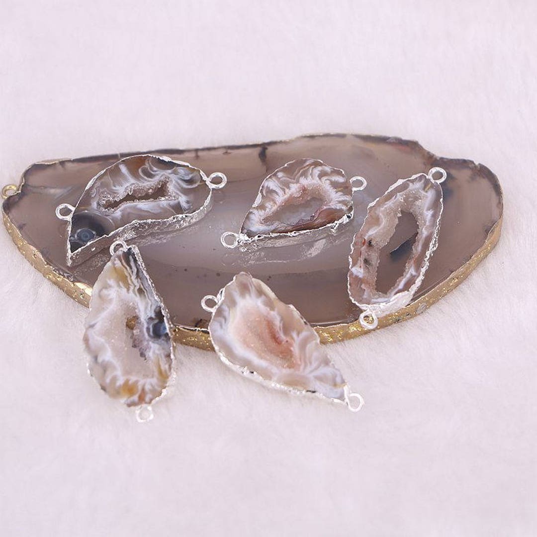 6pcs Nature Beige Color Agate Geode Quartz Gemstone Connectors, Silver ...