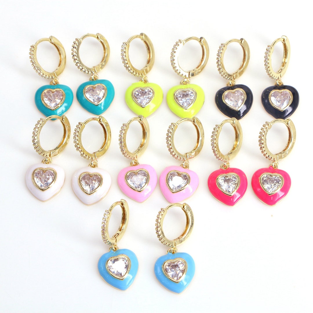 5 Pairs, Blue Pink White Neon Colorful Enamel Heart Charm Dangle ...