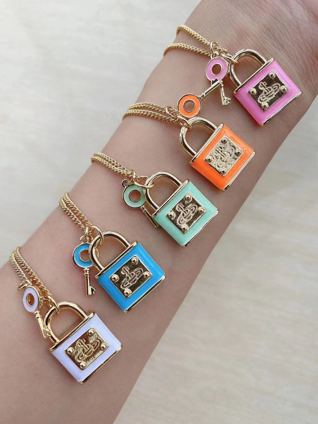 5PCS, Enamel Lock and Key Necklace, Gold Padlock Necklace Love Lock and ...