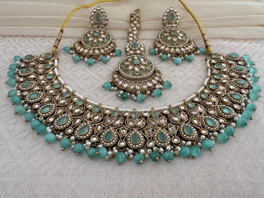 Pastel Jade Bridal Jewelry Set: Antique Gold Chandbali, Indian ...