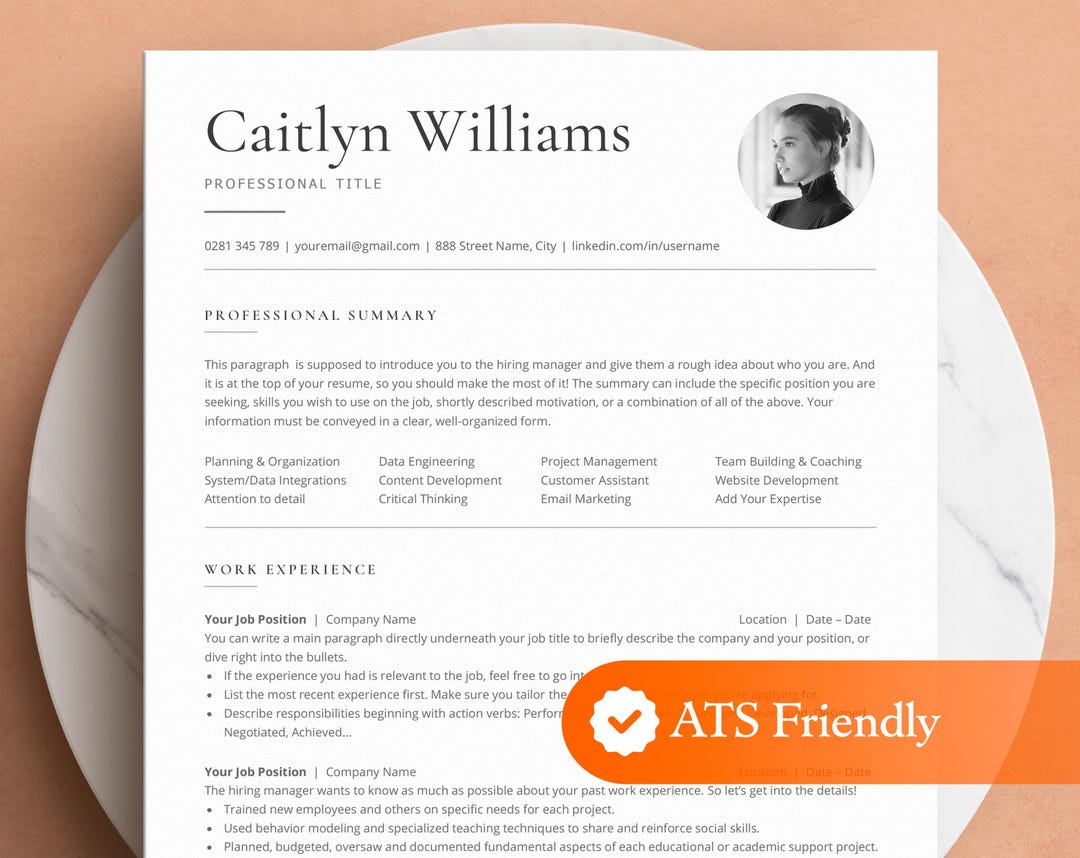 ATS Friendly Resume With Photo | ATS Resume Template Word, Pages ...