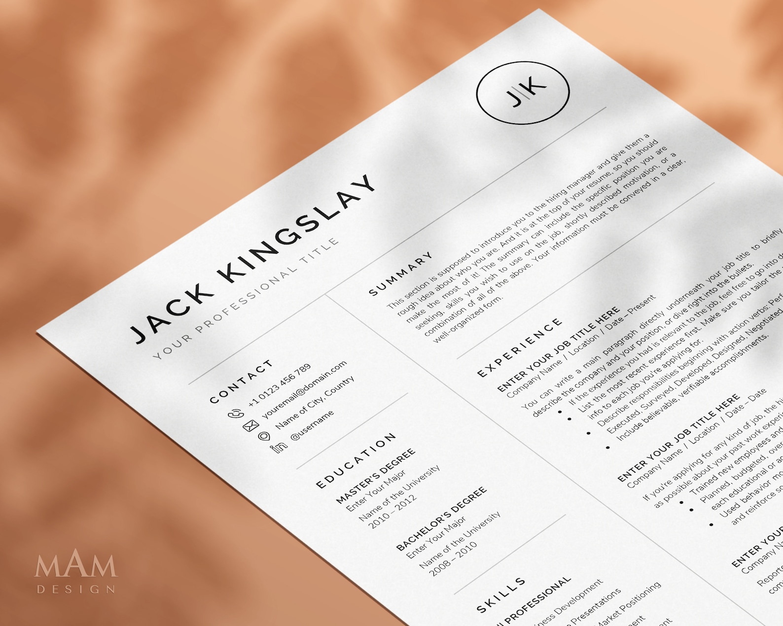 Modern Resume Template for Google Docs, Word, Pages, Monogram Resume ...