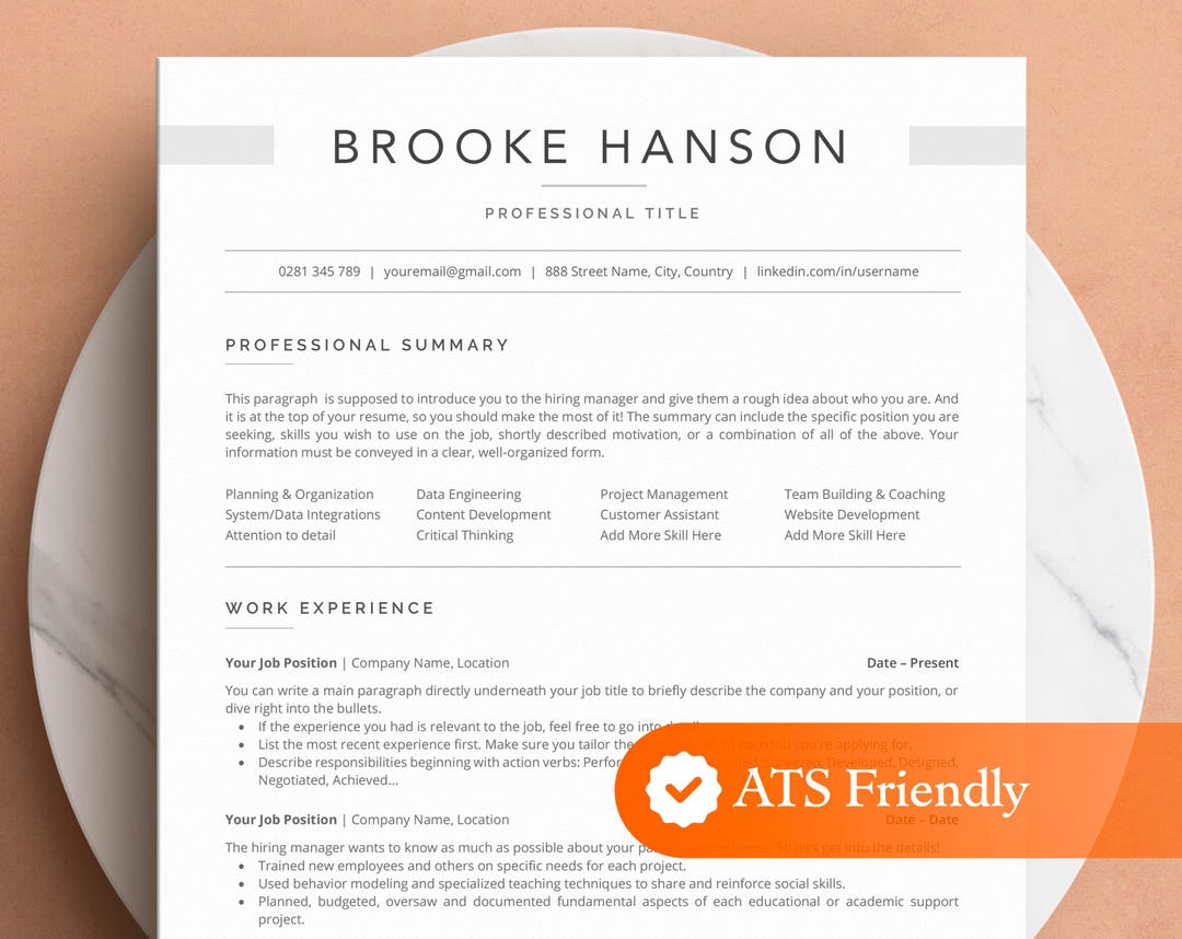 ATS Resume Template for Word, Pages, Google Docs - Etsy