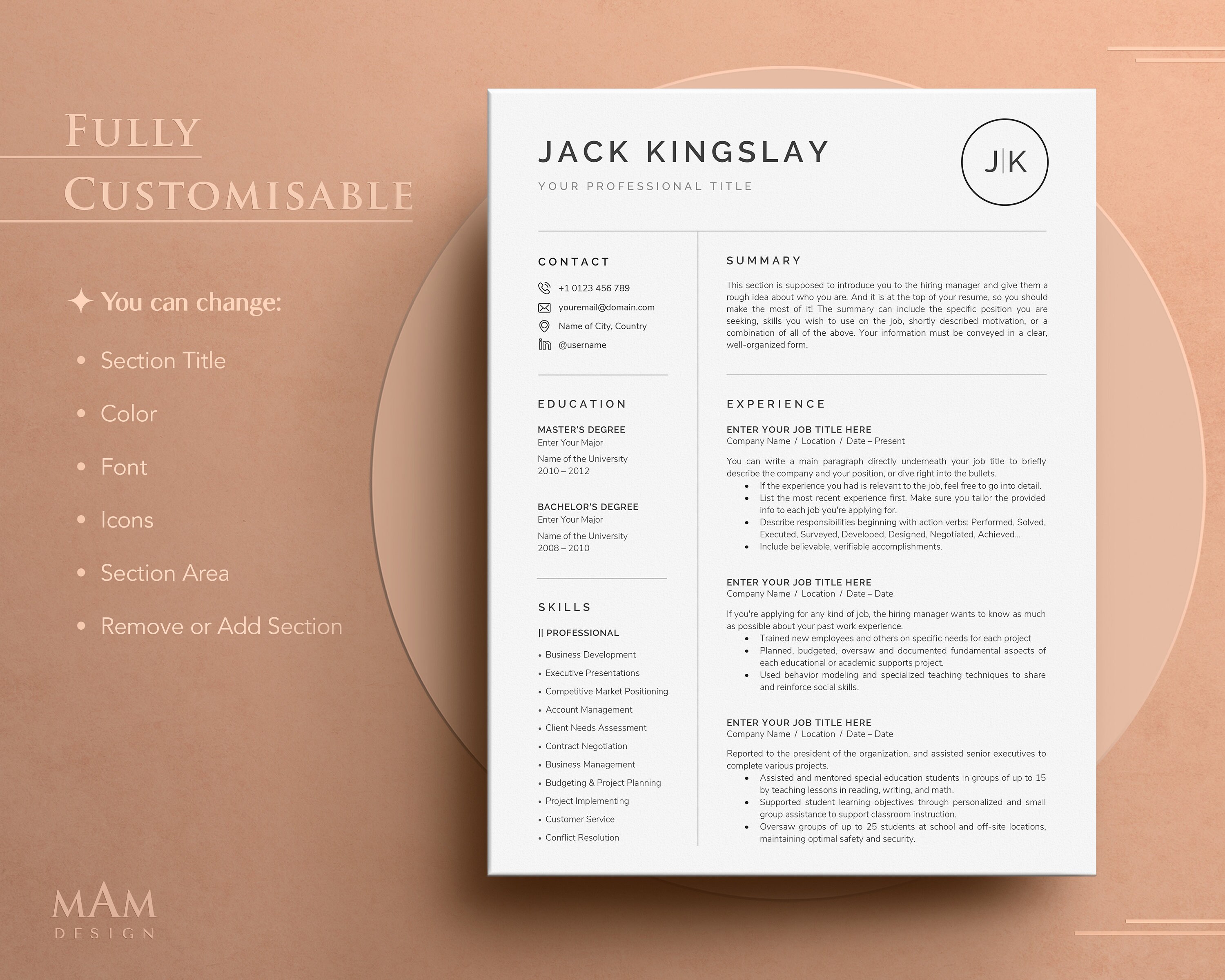 Modern Resume Template, Monogram CV (google Docs, Word, Pages) - Etsy