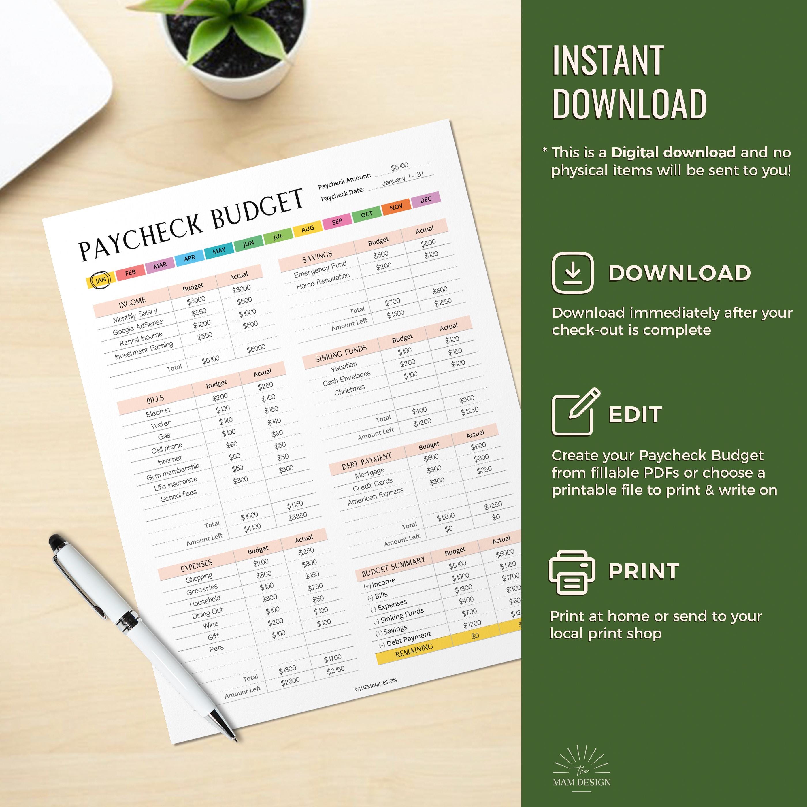 Editable Paycheck Budget Template, Finance Planner (fillable PDF) - Etsy
