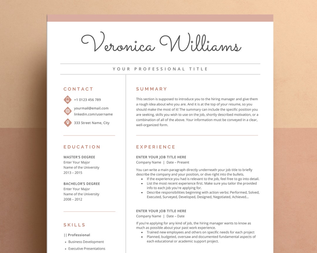 Pink Resume Template, Cover Letter, References (word) - Etsy