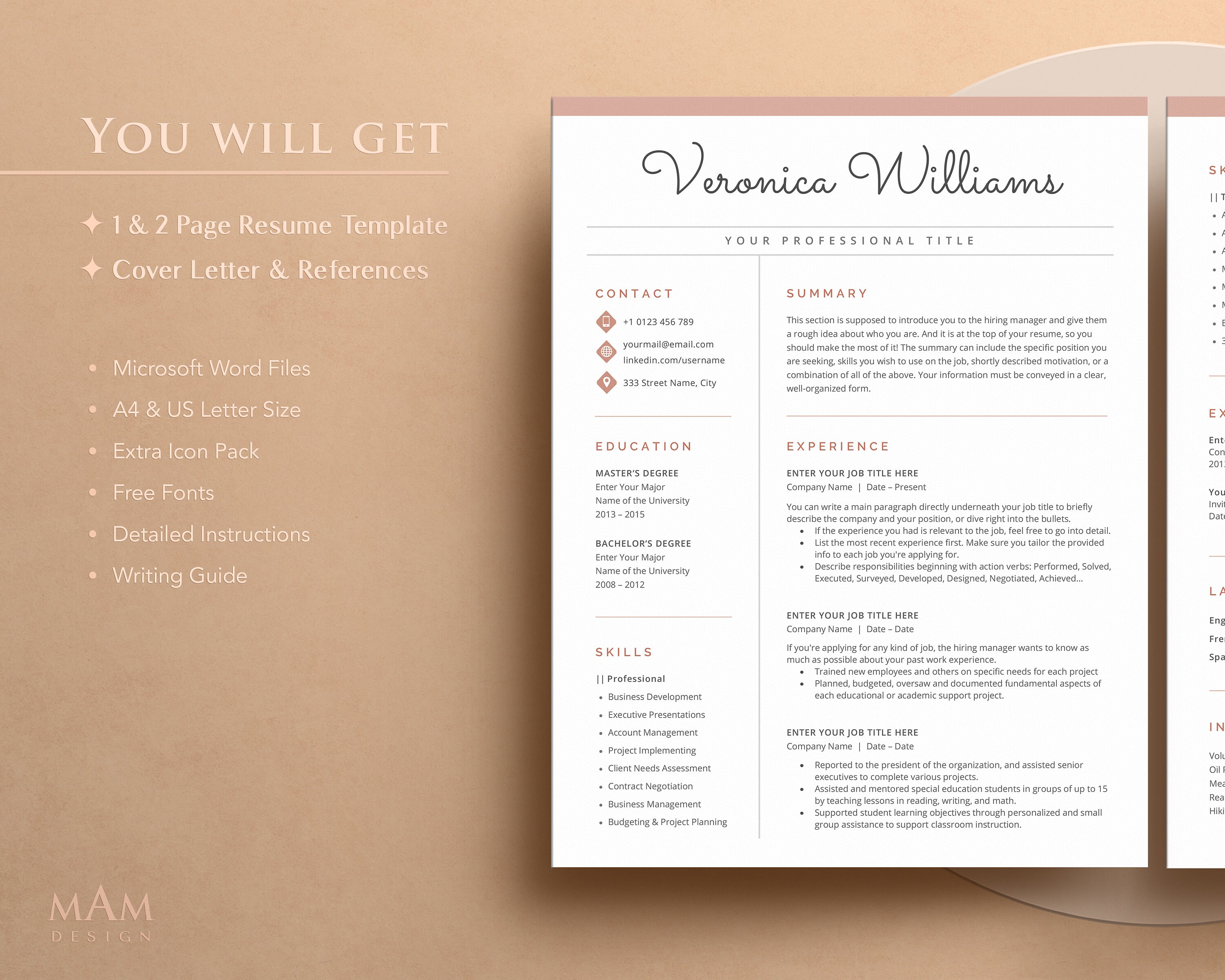 Pink Resume Template, Cover Letter, References (word) - Etsy