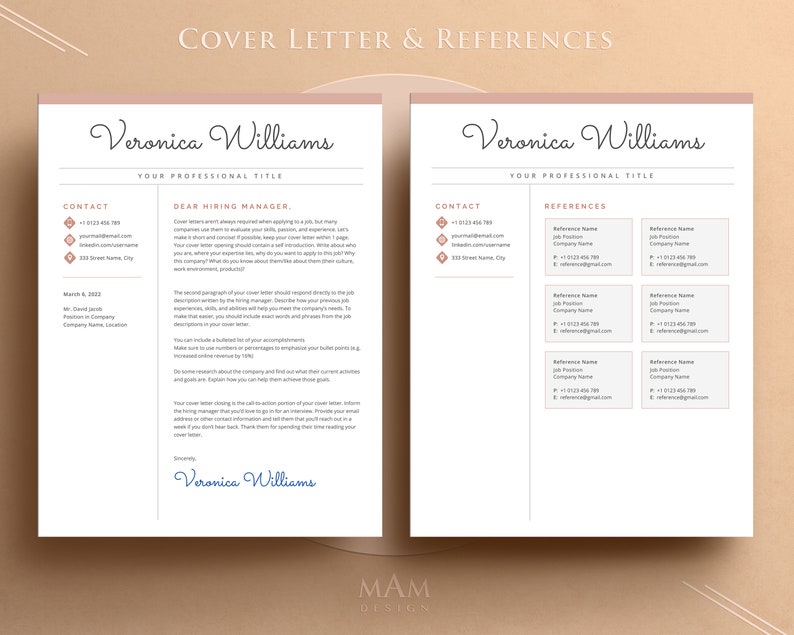 Pink Resume Template, Cover Letter, References (word) - Etsy