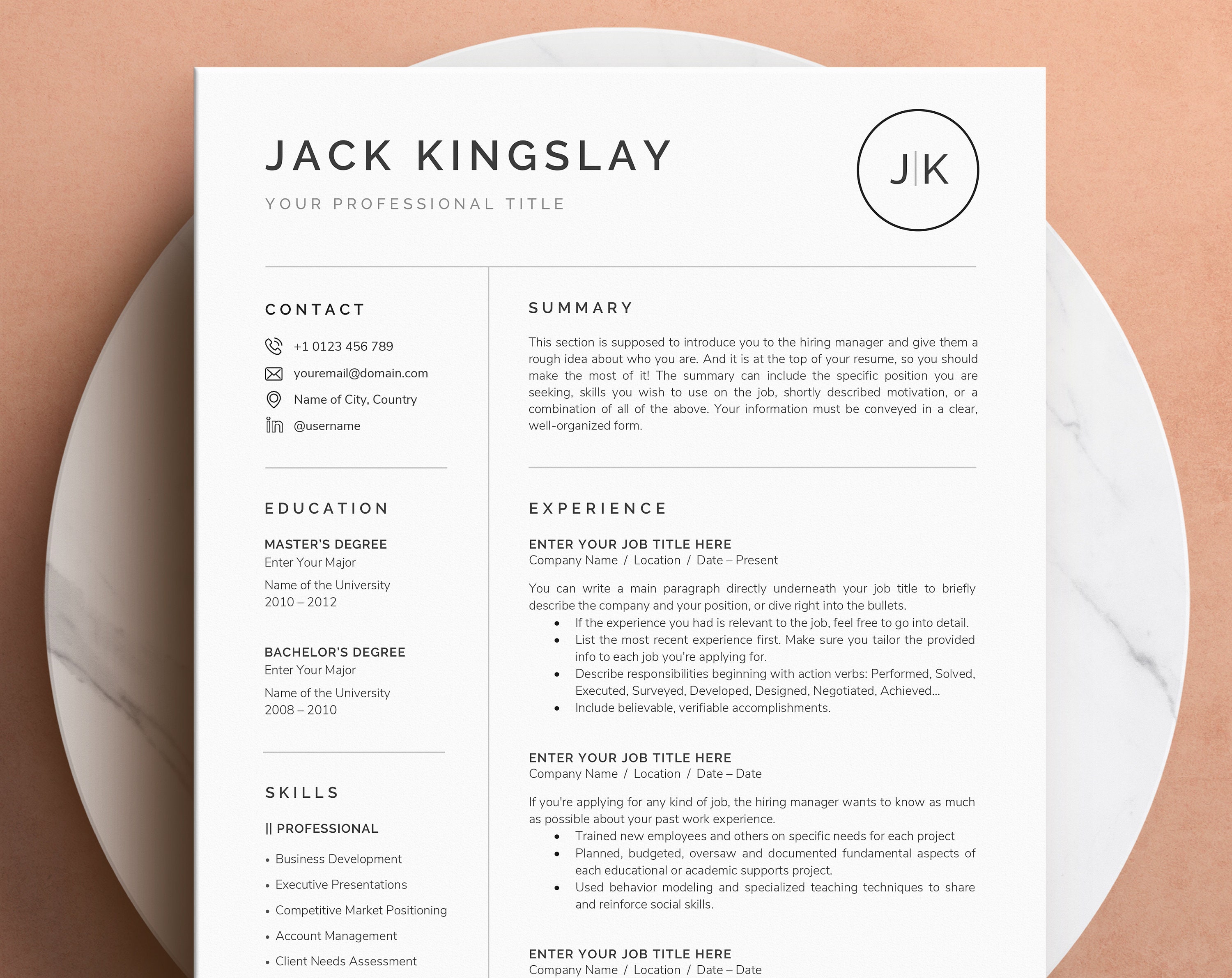 Modern Resume Template for Google Docs, Word, Pages, Monogram Resume ...