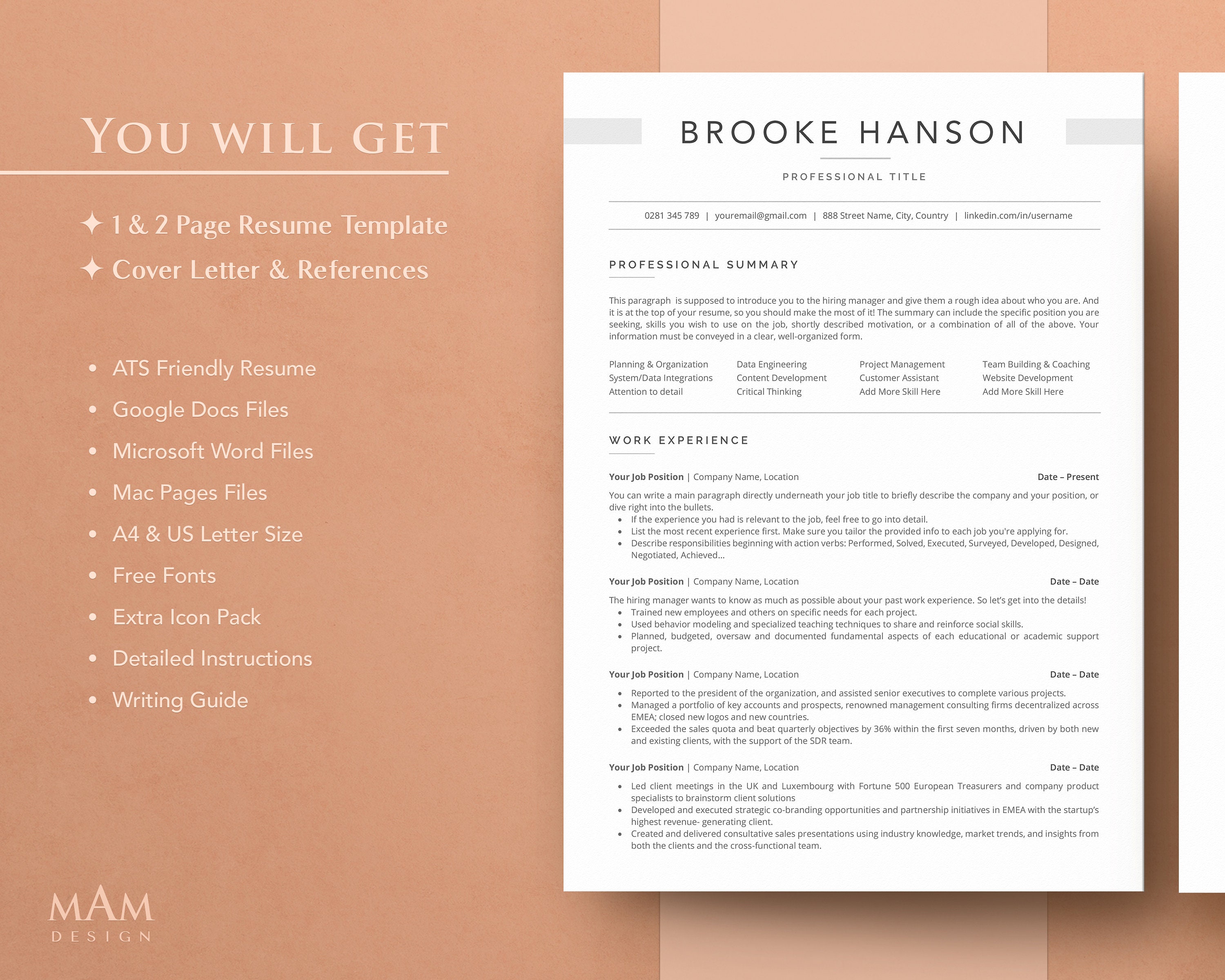 Plantilla de currículum ATS para Word, páginas Mac y Google Docs / CV ...