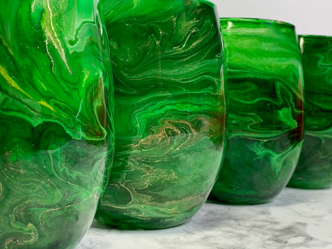 Hand Painted Wine Glasses, Cocktail Glasses, Green Stemless Wine ...