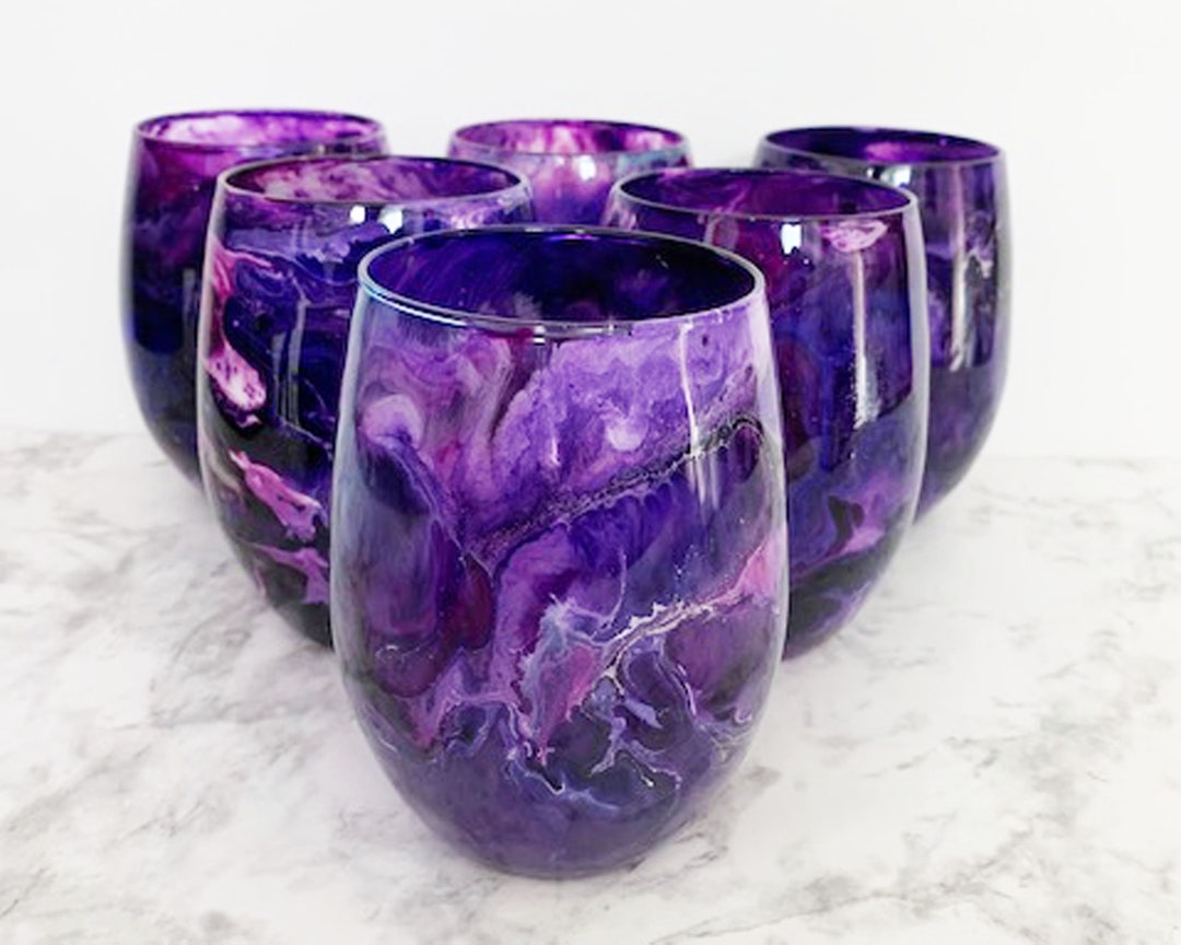 Purple Galaxy Hand Painted Stemless Wine Glasses, Handmade Purple ...
