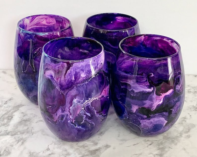 Purple Galaxy Hand Painted Stemless Wine Glasses, Handmade Purple ...