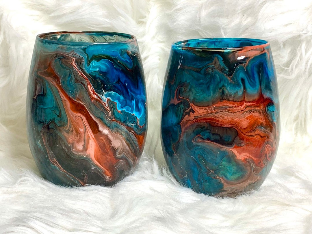 Resin Art Stemless Wine Glasses, Unique Colorful Barware, Eclectic ...