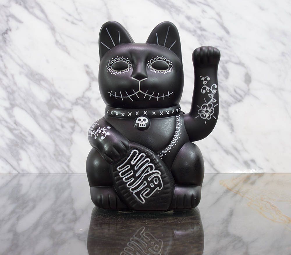 Maneki Neko Lucky Cat Waving Cat Black Day Of The Dead Etsy