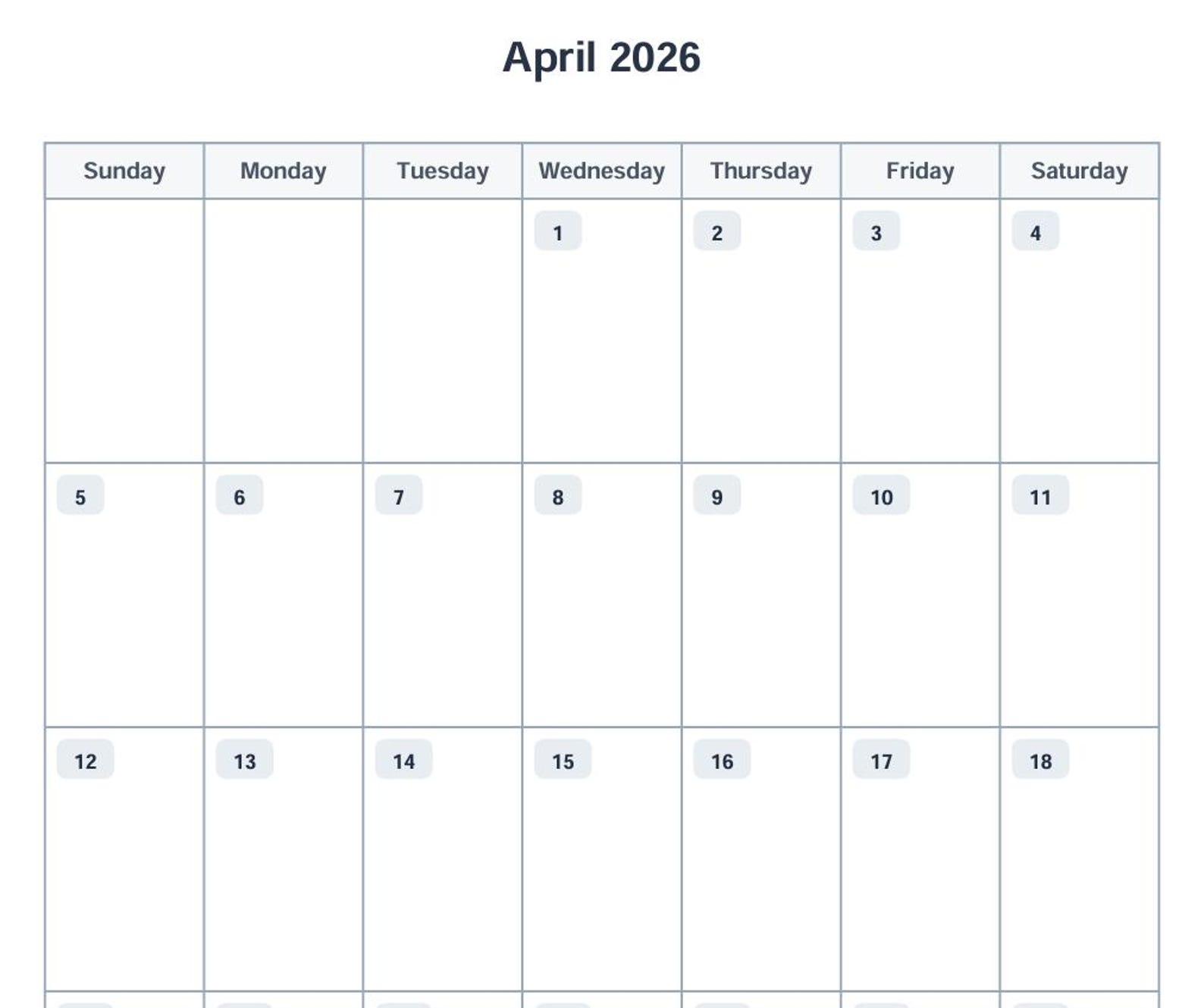 April 2026 Calendar, One-page Printable (PDF Download) - Etsy