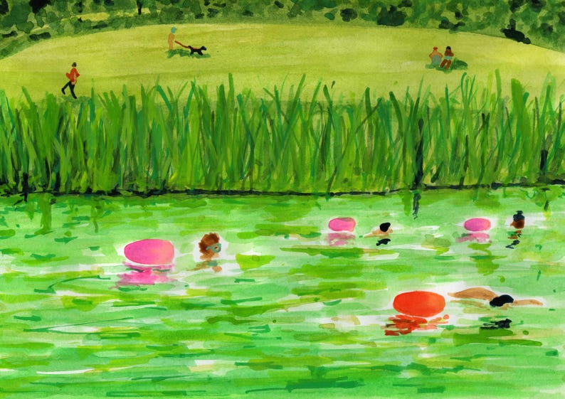 Mermaids Bobbing Along, Wild Swimming Fine Art Print, Watercolour, Lake ...