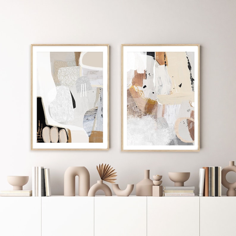 Set of Two Modern Abstract Paintings, Collage Art, Neutral Paintings ...