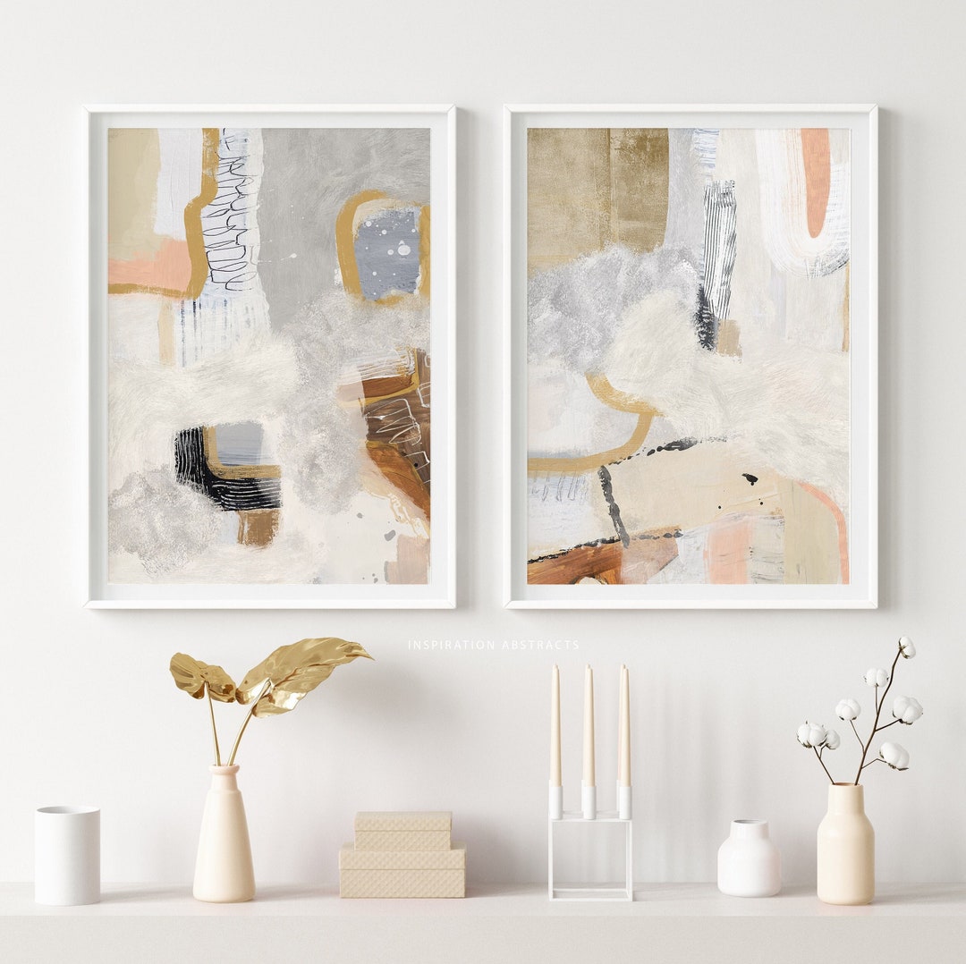 Set of Two Neutral Modern Abstract Paintings - Collage Art Prints ...