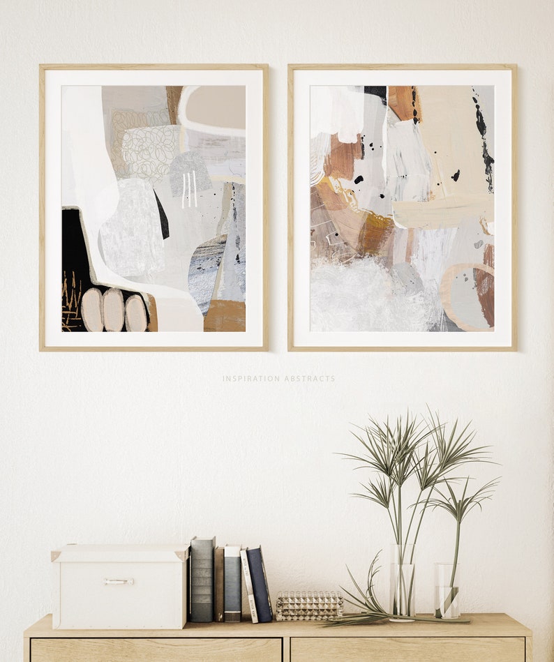 Set of Two Modern Abstract Paintings, Collage Art, Neutral Paintings ...