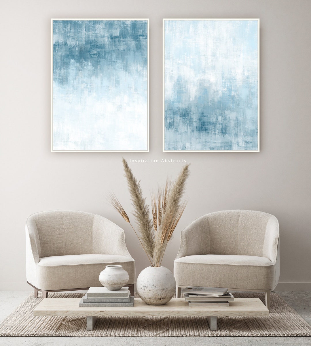 Set of Two Pale Blue Abstract Paintings, Printable Art, Coastal Decor ...