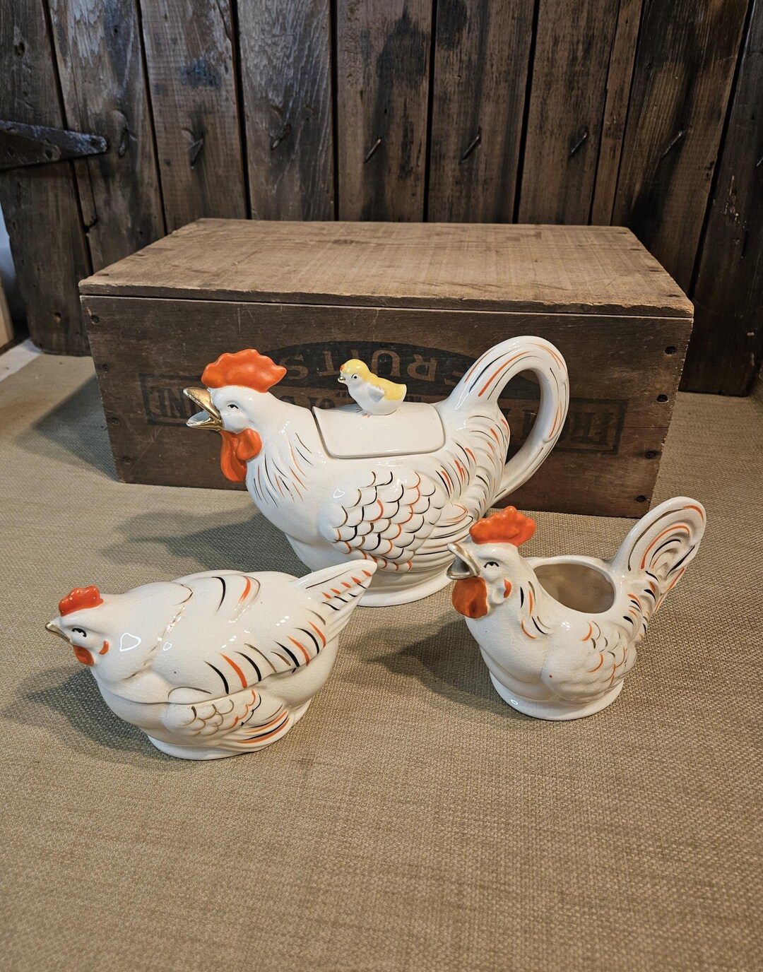 Vintage Unusual RARE Rooster Teapot, Hen Sugar Bowl and Rooster Creamer ...