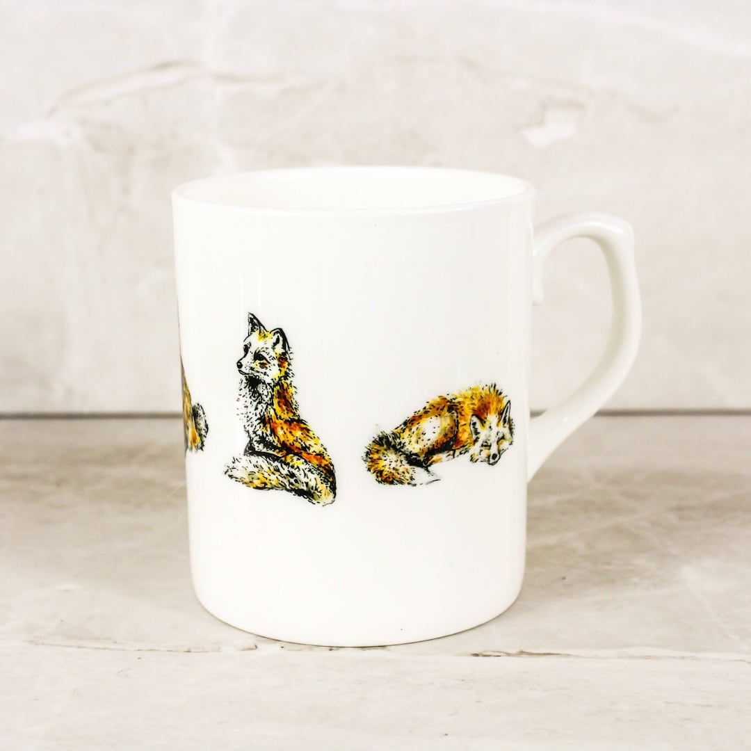 Red Fox Bone China Mug - Hand Drawn Design by Artist - Hand Printed ...