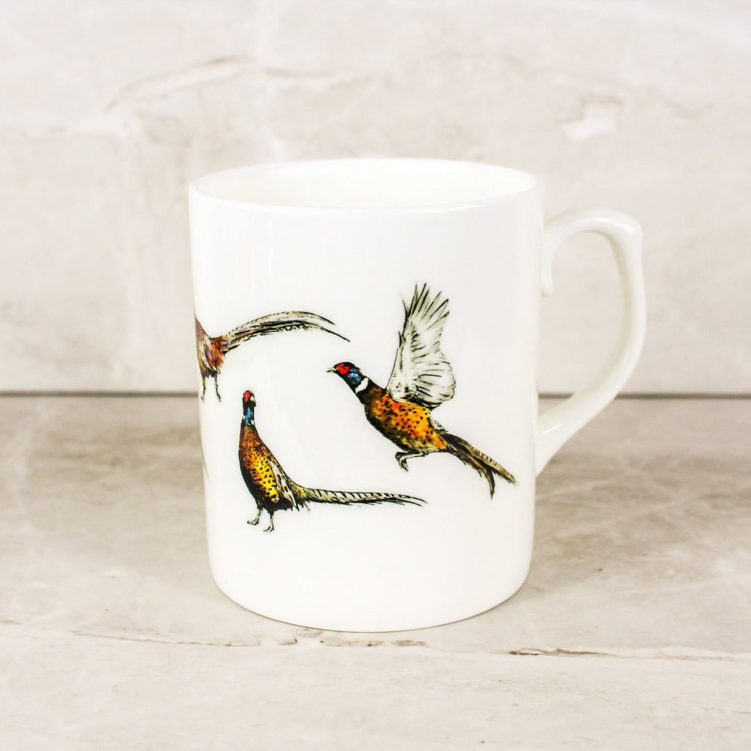 Pheasants Bone China Mug - Hand Drawn Design by Artist - Hand Printed ...