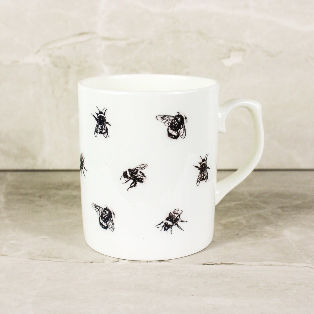 Bees Bone China Mug - Hand Drawn Design by Artist - Hand Printed - Fine ...