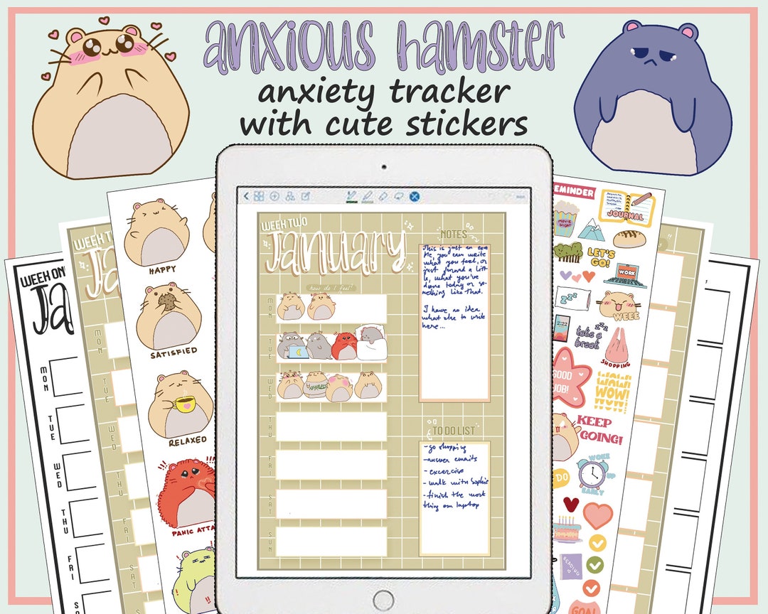 Anxious Hamster, Anxiety and Mood Tracker, Notion Journal Diary Cute ...