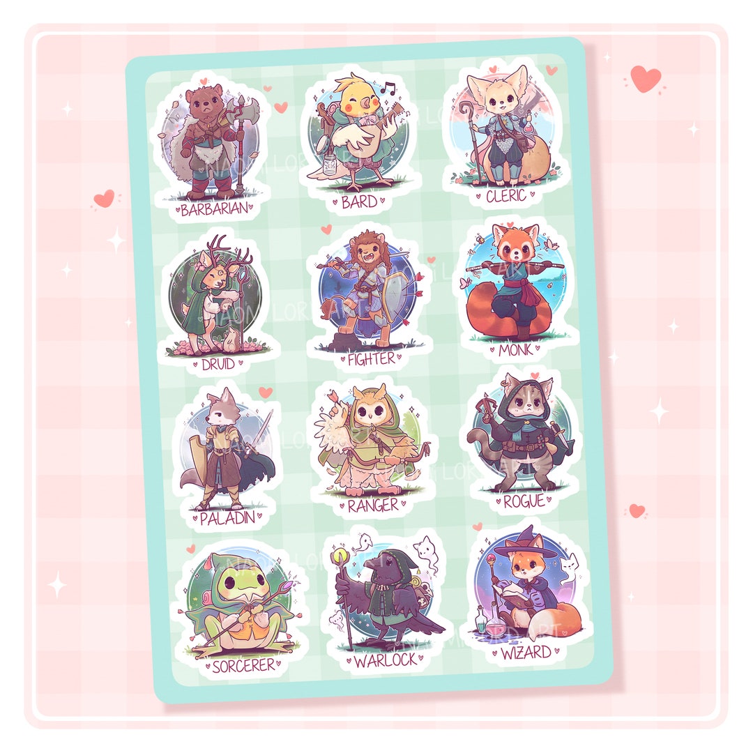 Cute RPG Classes as Animals, Vinyl Sticker Sheet A5 / 6x8 Rogue, Wizard ...