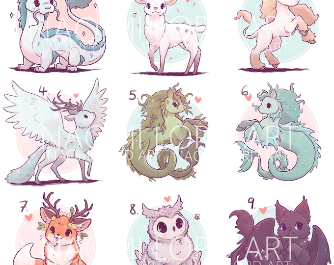 Cute Mythical Creatures, Pt 2 Stickers or Prints 6x6or8x8 Approx Dragon ...