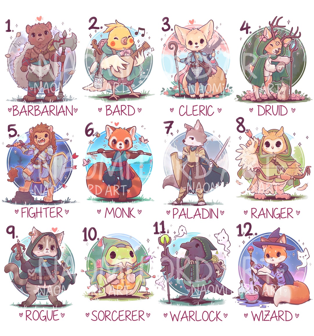 Cute RPG Class Animals Stickers And/ or Prints 6x8 or 8x10 Approx Bard ...