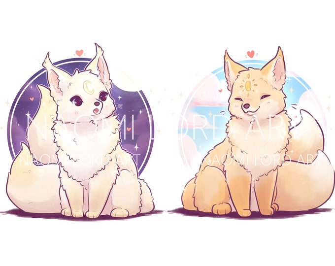 Solar Foxes Stickers And/ or Prints (6x6 or 8x8" Approx) Moon Fox, Sun ...