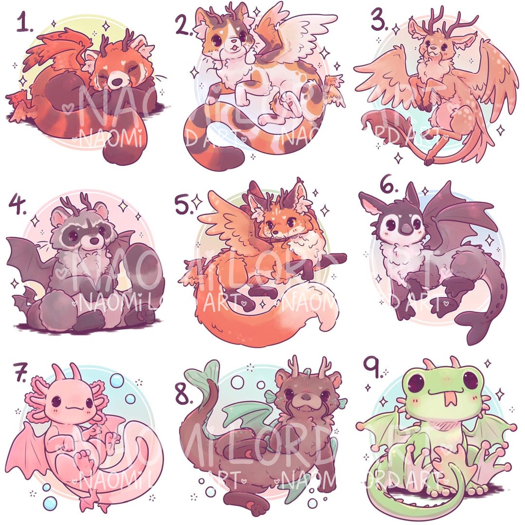 Cute Animal Dragon Hybrids Stickers And/or Prints 6x6 or 8x8 Approx Cat ...