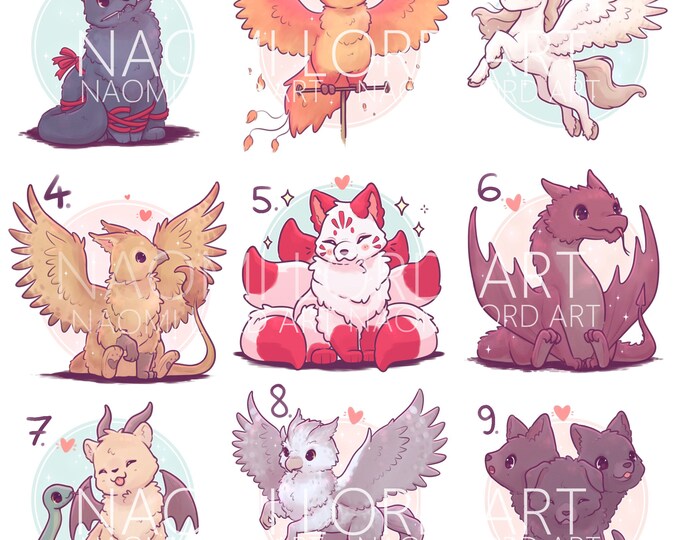 Cute Mythical Creatures Stickers And/or Prints Part 1 6x6 or 8x8 Approx ...