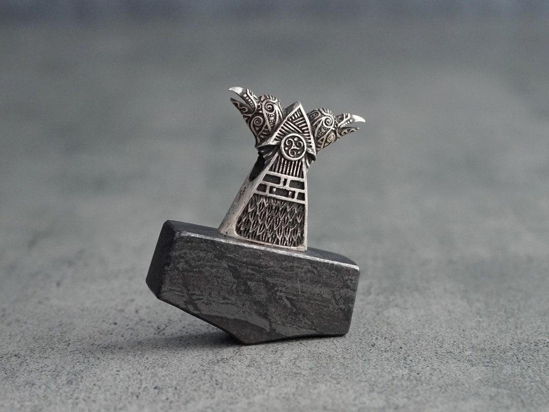 Mjolnir Pendant. Viking Ravens. Hematite Necklace. Men Stone Pendant ...