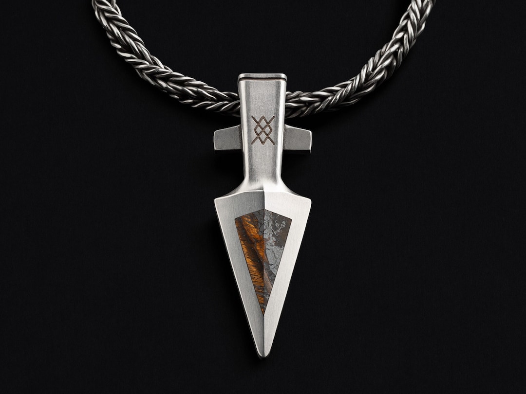 Tigers Eye Arrowhead Pendant. Odins Gungnir. Norse Runes Necklace ...