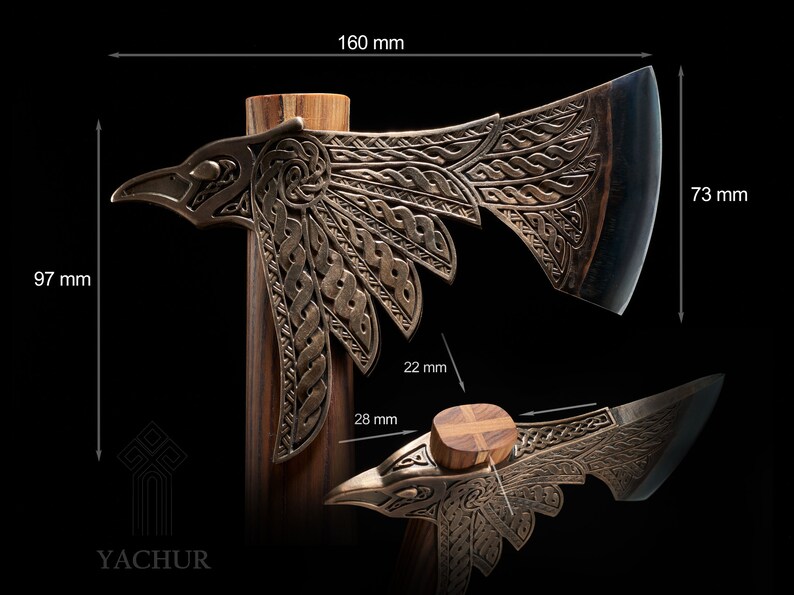 Premium Viking-style Axe With Ornate Raven Design. Bi-metallic - Bronze ...