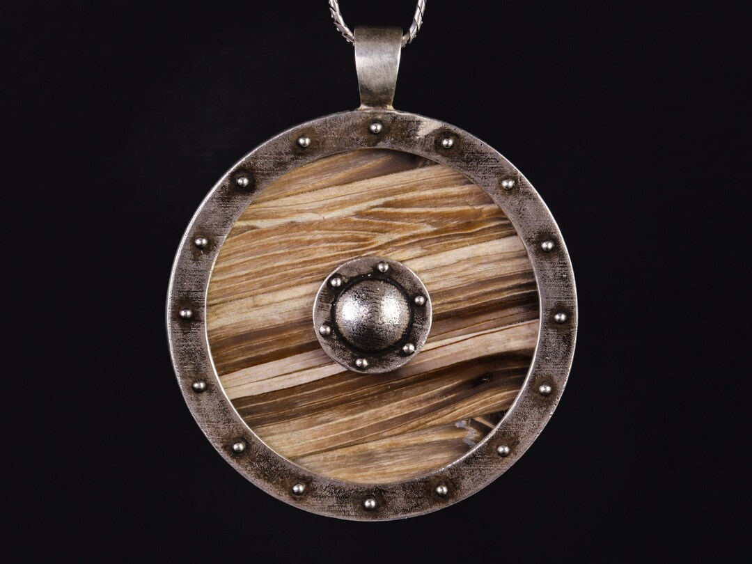 Petrified Wood Shield Necklace. Mens Silver Pendant. Warrior Necklace ...