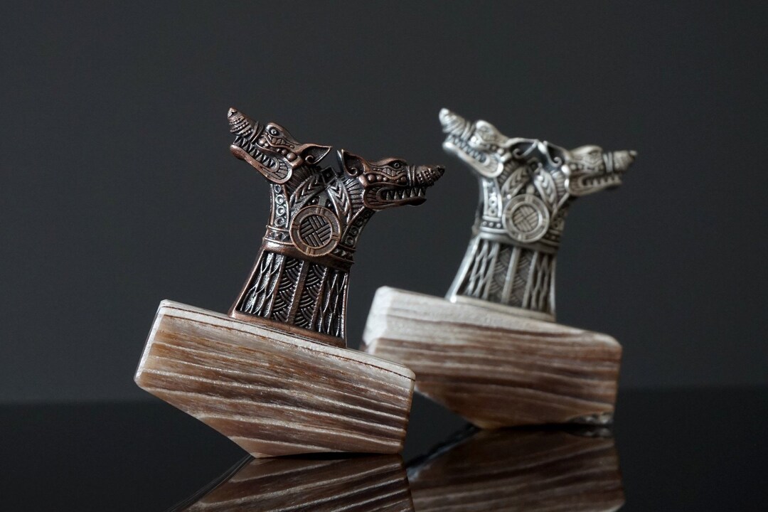 Handcrafted Mjolnir Pendant: Petrified Wood, Odin's Wolves, Norse ...