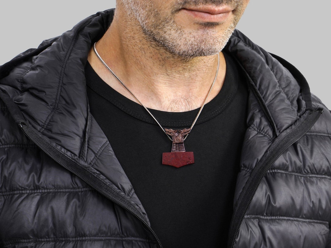 Mens Jasper Pendant. Wolf Mjolnir. Odins Twin-wolves. Unique Gift for ...
