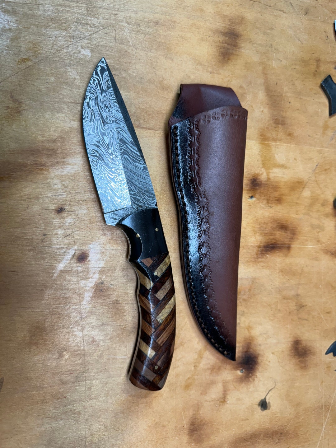 Handmade Damascus Steel Fixed Blade Knife With Leather Sheath - Etsy