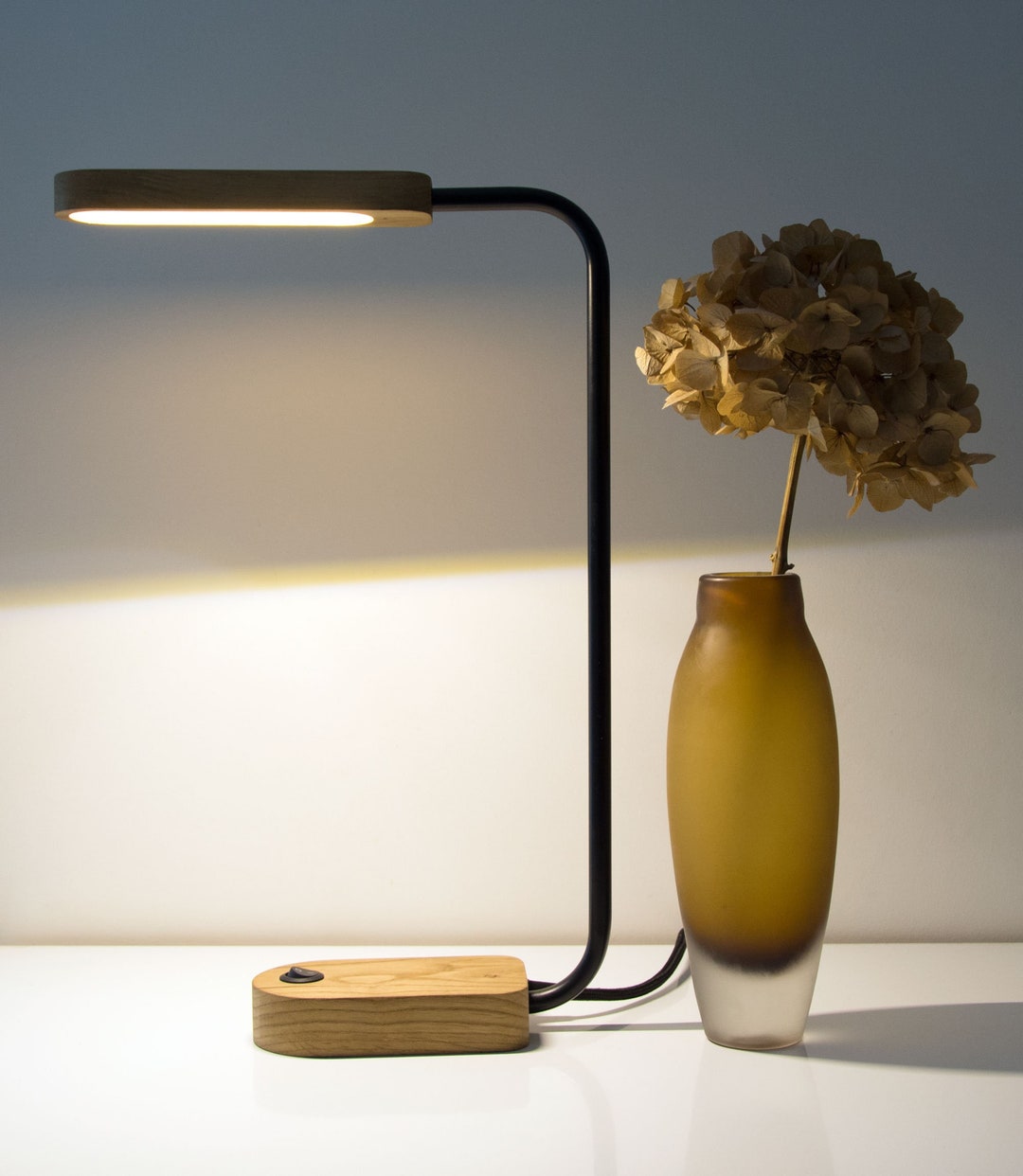 Bended Wooden Table Lamp Made of Oak. Steady Base, Bended Aluminum Leg ...