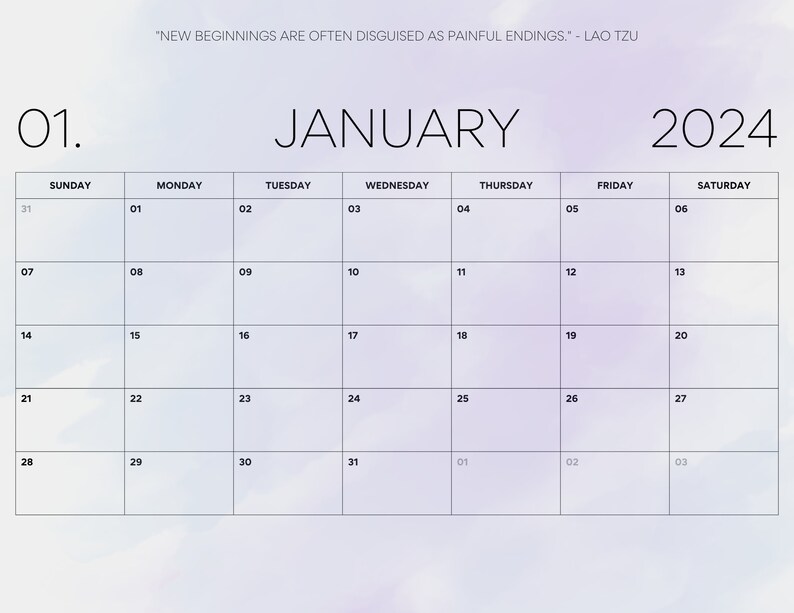 2024 Printable Watercolor Calendar Monthly Quote Aesthetic Minimalist ...