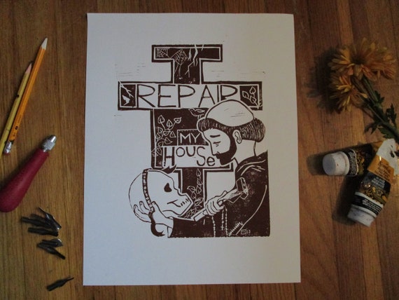 Linocut St Francis of Assisi repair My House. - Etsy