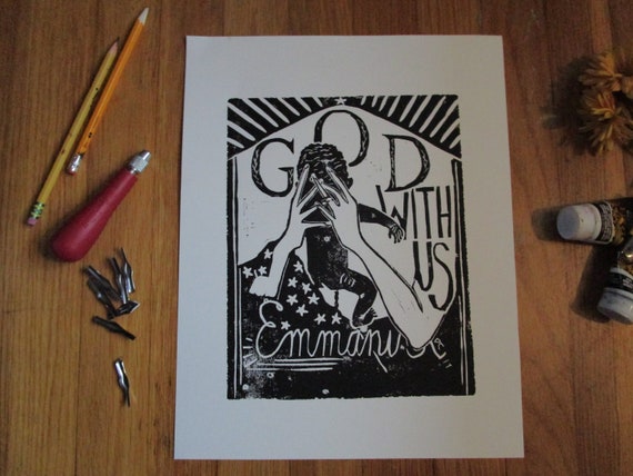 Original Linocut Christmas Nativity with baby Jesus | Etsy